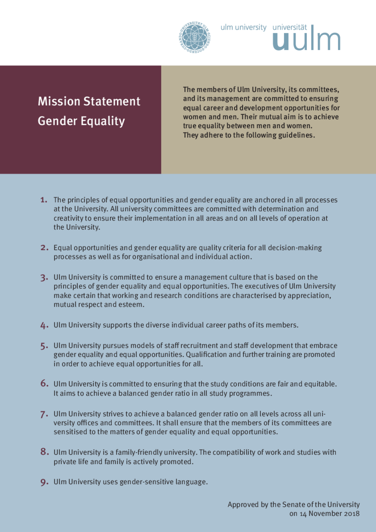 Mission Statement Gender Equality - Universität Ulm